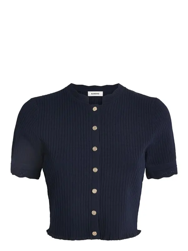 Sandro Cropped Rib-knit Cardigan With Gold-tone Buttons - Blue