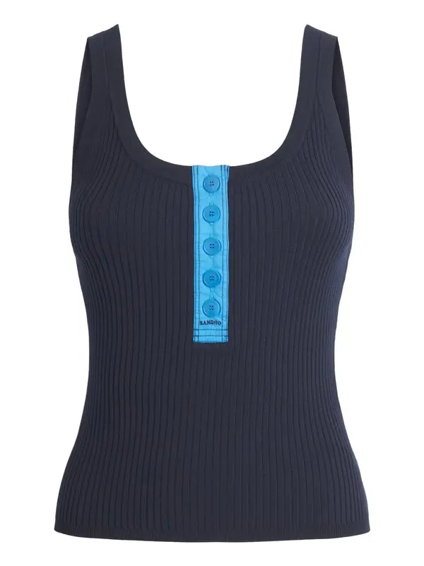 Sandro Rib-knit Contrast-placket Tank Top - Blue