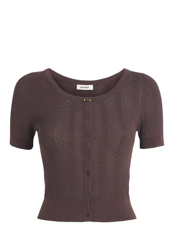 Sandro Pointelle Knit Short-sleeve Cardigan With Rose Detail - Brown