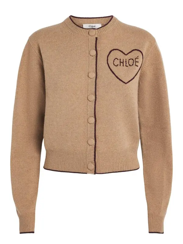 Chloé Wool-cashmere Heart Logo Cardigan - Brown