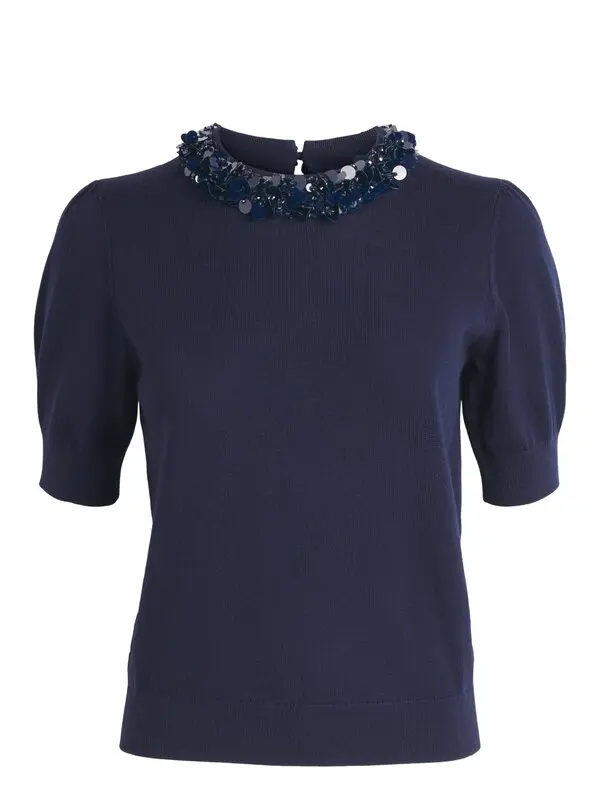 Ulla Johnson Merino Wool Sequin Embellished T-shirt - Navy