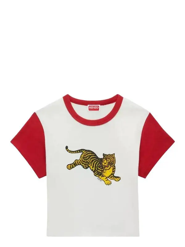 Kenzo Jumping Tiger Cropped Cotton T-shirt - White
