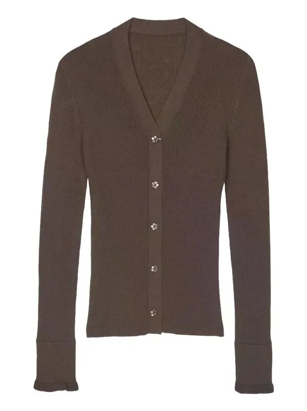 Cecilie Bahnsen Ribbed Wool Cardigan With Flower Buttons - Brown