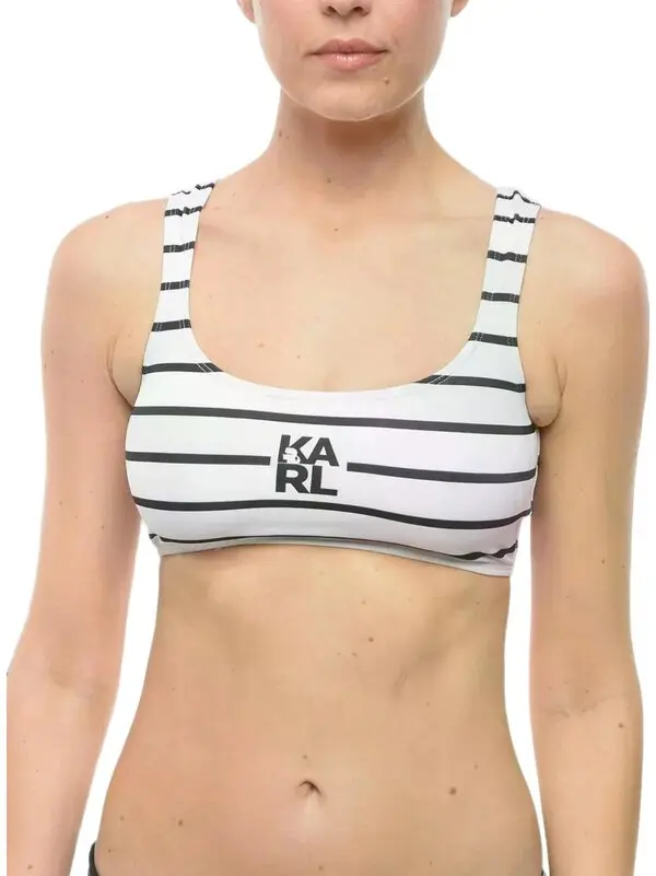 Karl Lagerfeld Striped Logo Print Bikini Top - White