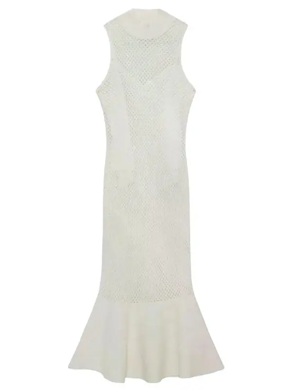 Simkhai Ivory Mesh Knit Mock Neck Sleeveless Flared Hem Dress - White