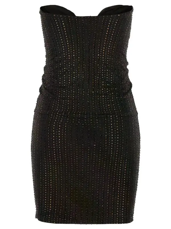 VENUJA Embellished Ruched Sweetheart Neck Mini Dress - Brown