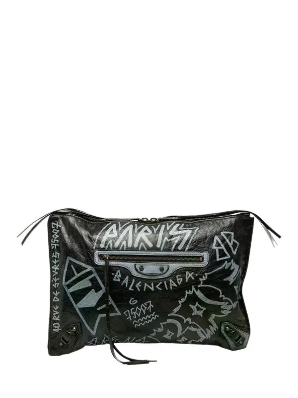 Balenciaga 2018 Lambskin Graffiti Zip Around Clutch Bag - Black
