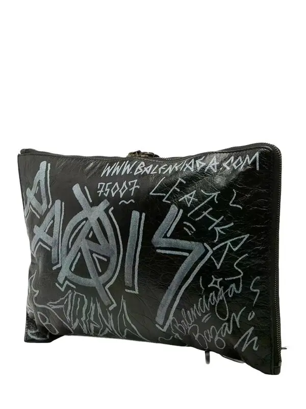 Balenciaga 2018 Lambskin Graffiti Zip Around Clutch Bag - Black