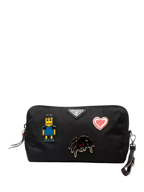 Prada Tessuto Robot Applique Wristlet Pouch - Black