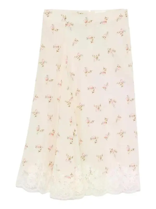 P.a.r.o.s.h Floral Print Midi Skirt With Lace Trim - Neutrals