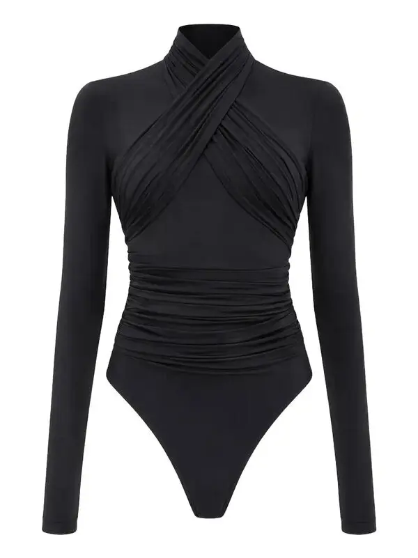 Wardrobe.NYC Ruched Crossover Bodysuit - Black