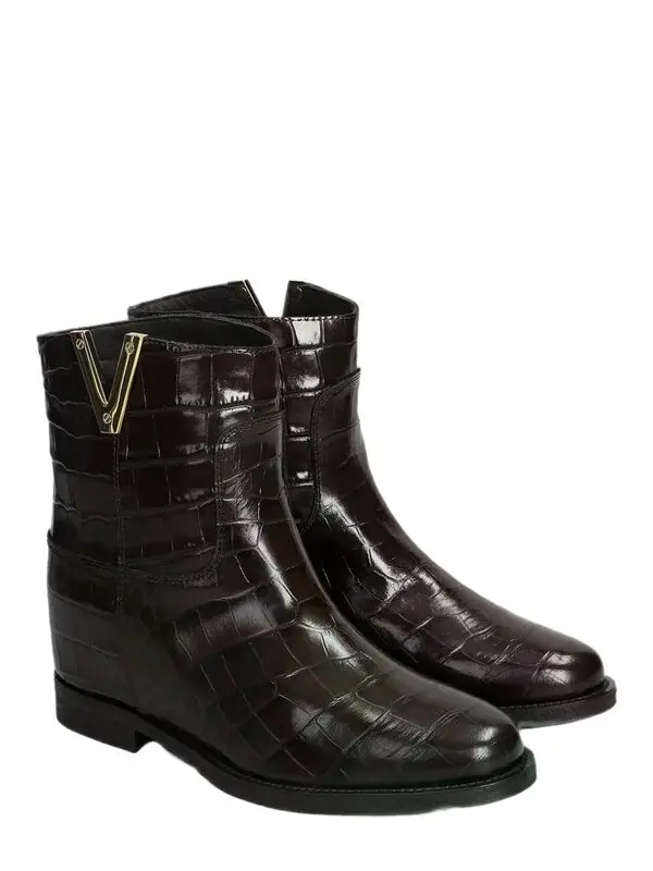 VIA ROMA 15 Croc-effect Ankle Boots With Internal Wedge Heel - Brown
