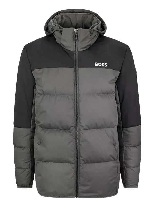 BOSS Logo Print Hooded Down Jacket - Grey