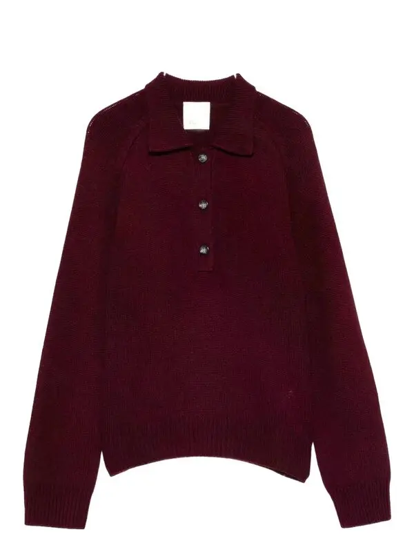 ALLUDE Burgundy Waffle Knit Polo Collar Button-up Sweater - Red