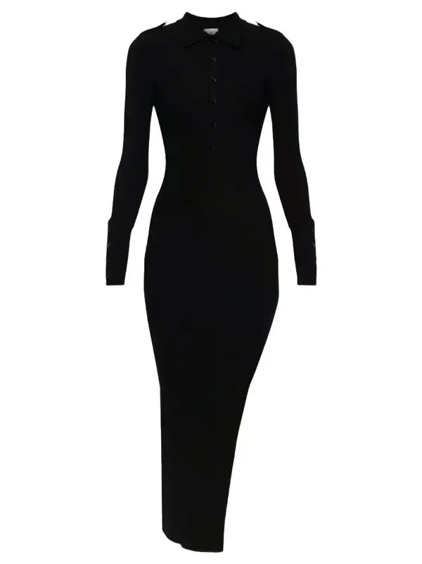 COURREGES Ribbed Knit Collared Button-up Midi Dress With Side Slit - Black