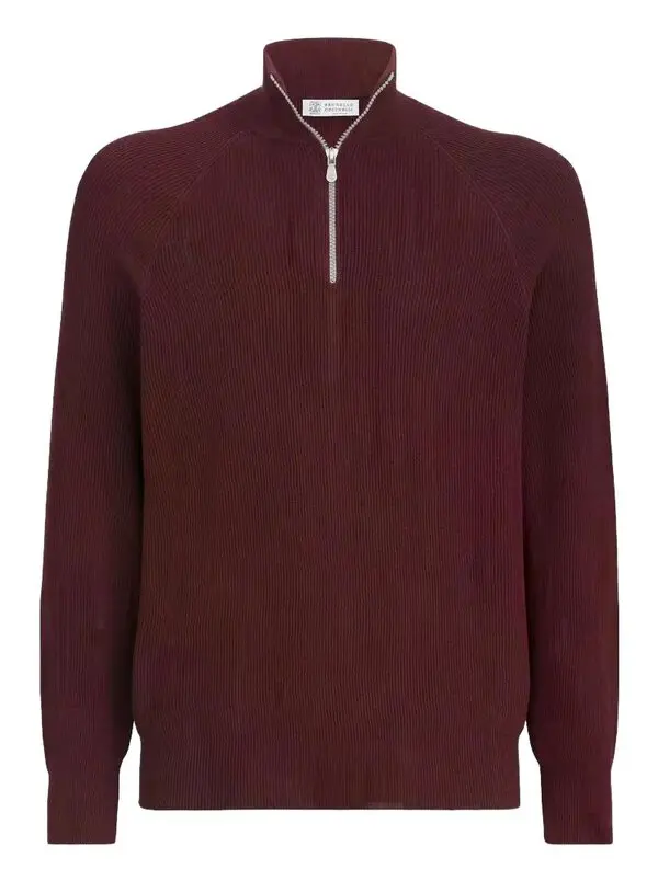 Brunello Cucinelli Cotton English Rib Half-zip Sweater - Red