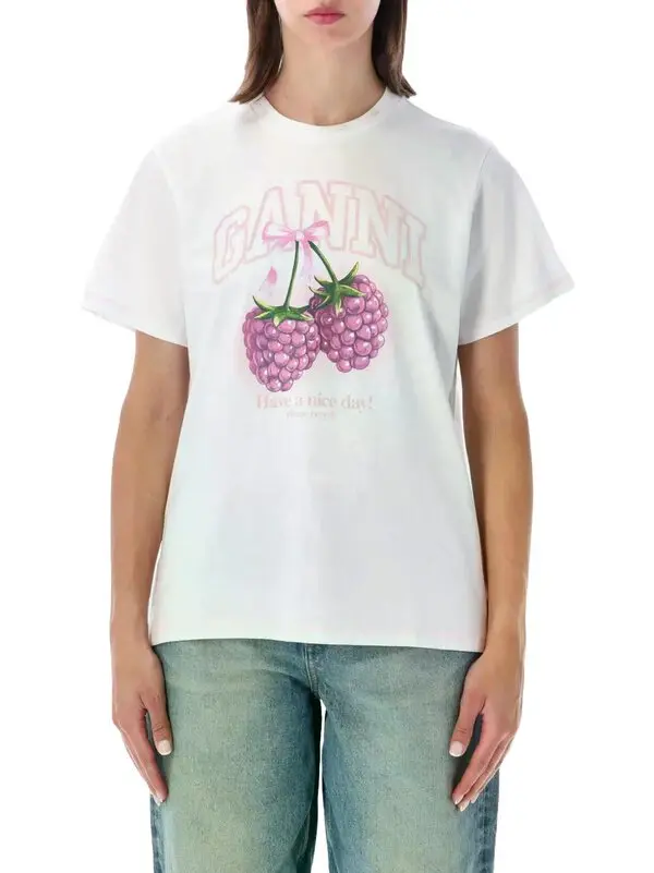 GANNI Baby-fit T-shirt With Raspberry - White
