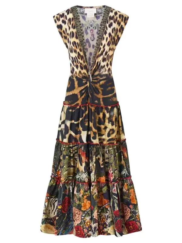 Camilla Leopard-print Twist-front Midi Dress - Black