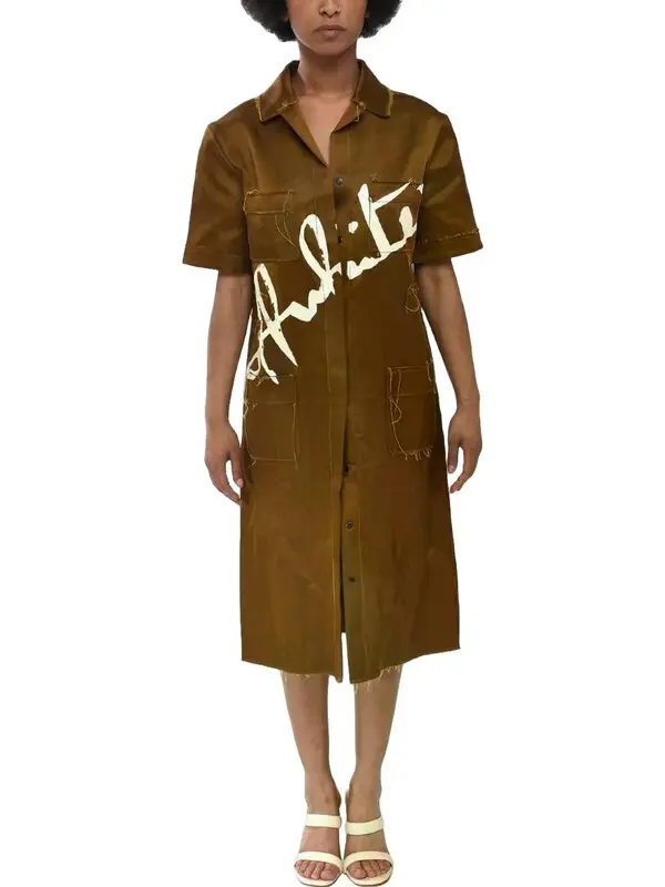 Off-White Midi Shirtdress With Printed Logo And Raw-cut Edges - Brown