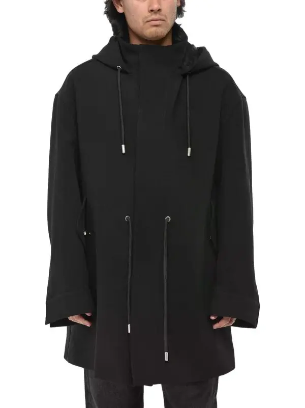 Off-White Hooded Drawstring Waist Parka - Black