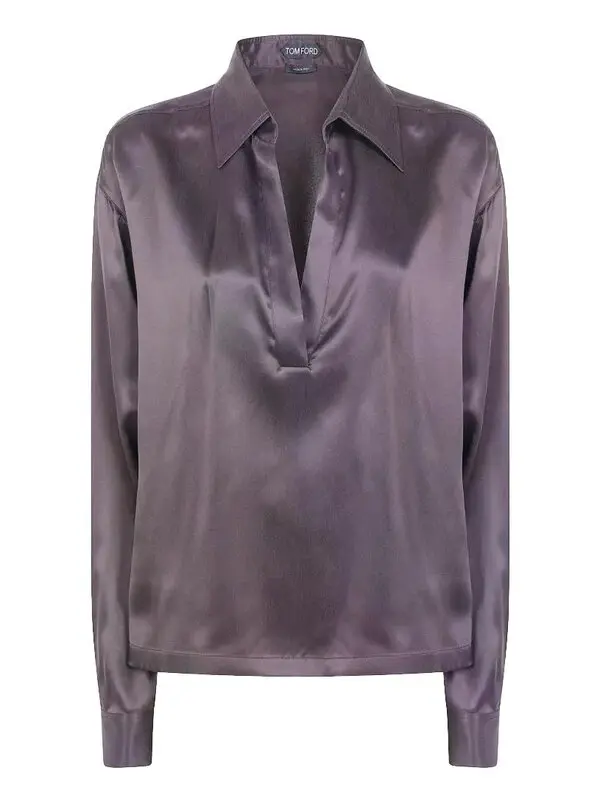 TOM FORD Silk Satin V-neck Long Sleeve Top - Brown