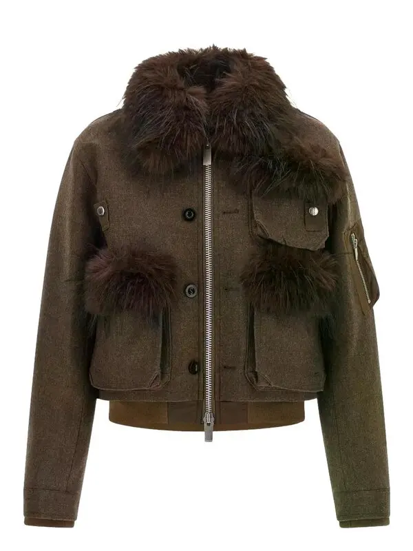 Sacai Faux Fur Trimmed Wool Jacket - Brown