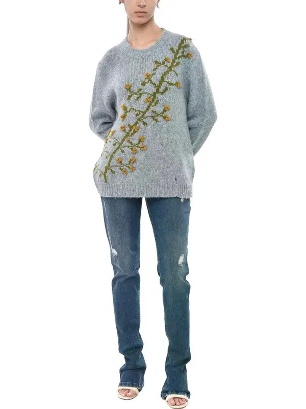 BAZISZT Embroidered Crew-neck Sweater - Blue