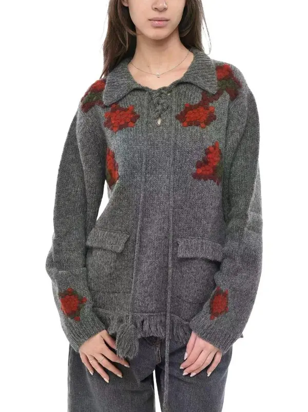 BAZISZT Baziiszt Alpaca Wool Embroidered Floral Fringed Hem Polo Sweater - Grey