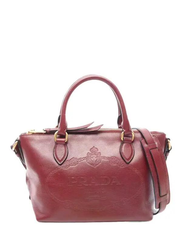Prada Logo Embossed Leather Handbag - Red