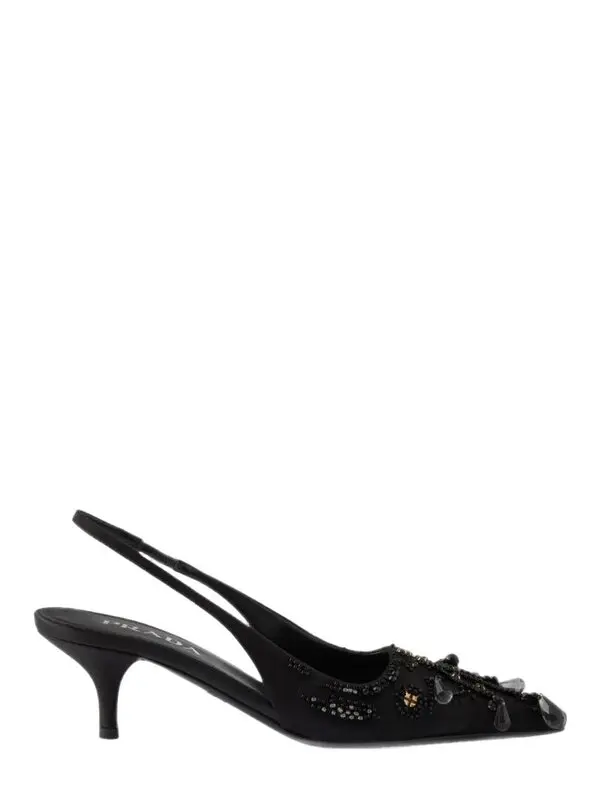 Prada Embroidered Satin Slingback Pumps - Black