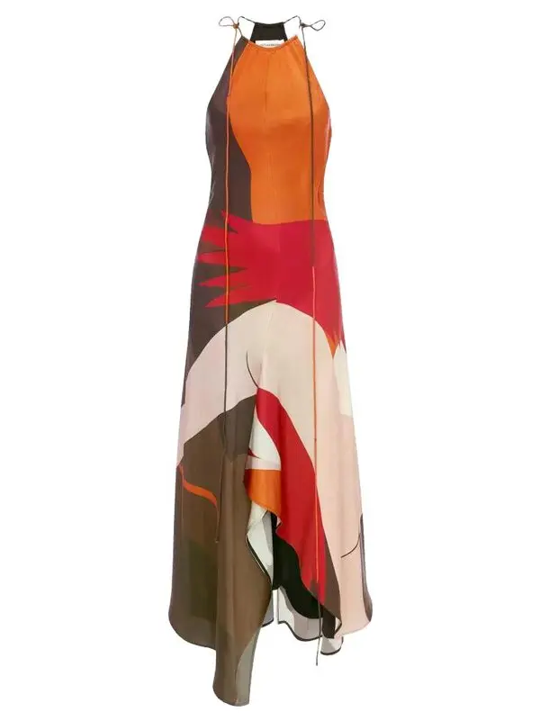 Victoria Beckham Abstract Print Halterneck Midi Dress - Brown
