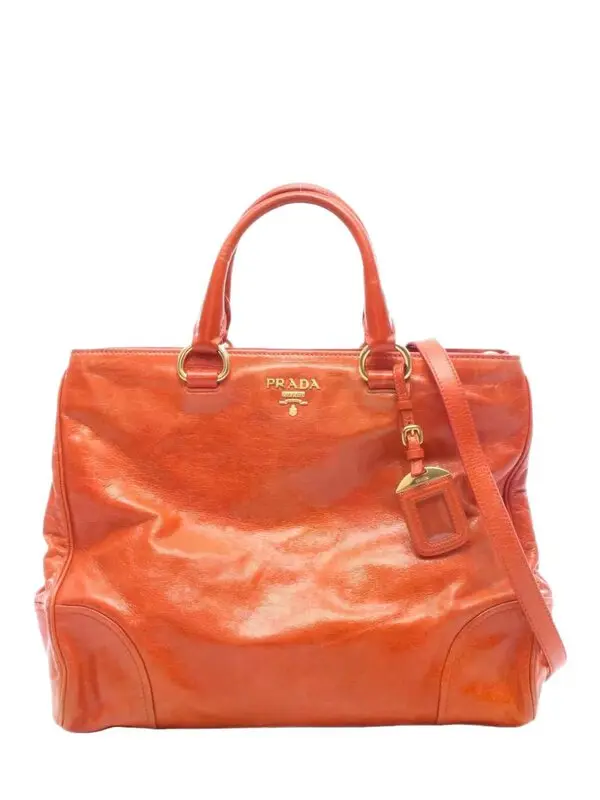 Prada Leather Logo Plaque Tote Bag - Orange