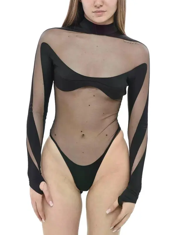 MUGLER Sheer Paneled High Neck Bodysuit With Silver-tone Logo Plaque - Black