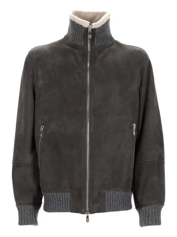 Brunello Cucinelli Leather Bomber Jacket - Grey