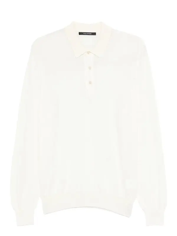 Tagliatore Long Sleeve Knit Polo Shirt In 100% Virgin Wool, Made In Italy - Bianco