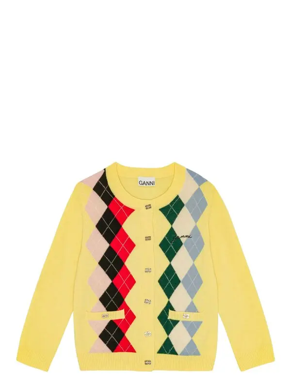 GANNI Round Neck Long Sleeve Argyle Cardigan - Giallo