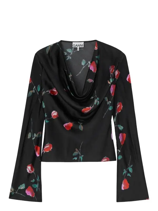 GANNI Floral Print Cowl Neck Long Sleeve Top - Nero