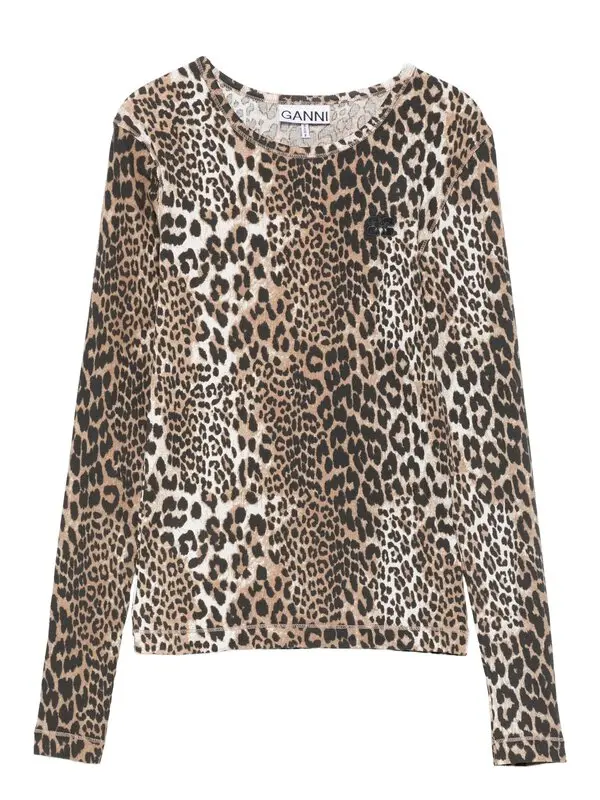 GANNI Ribbed Leopard Print Long-sleeve T-shirt - Marrone