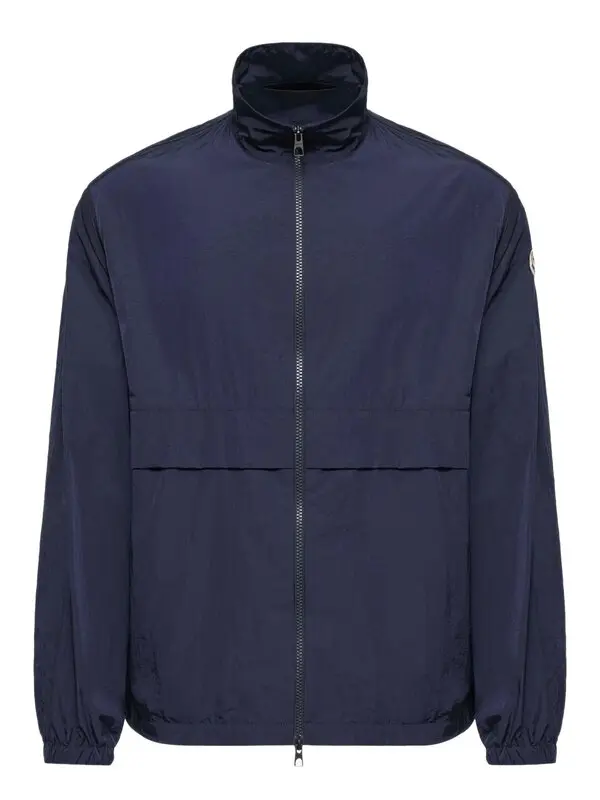 Moncler High Collar Zip-up Nylon Jacket With Patch Logo - Blu
