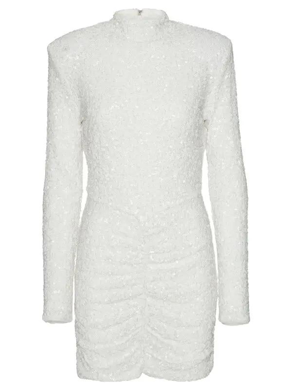 ROTATE BY BIRGER CHRISTENSEN High-neck Fitted Mini Dress With Sequins And Back Zip - Bianco