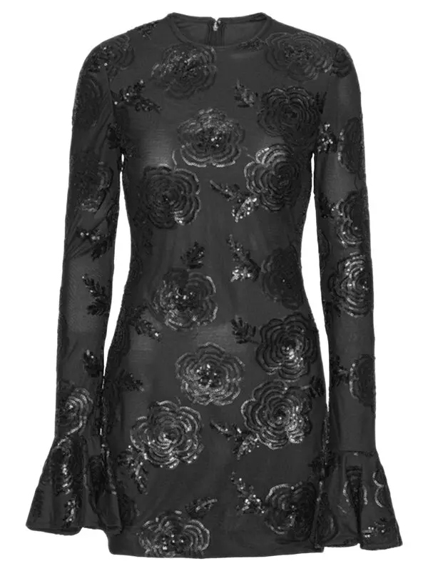 ROTATE BY BIRGER CHRISTENSEN Long-sleeve Sequined Floral Embroidered Mini Dress - Nero