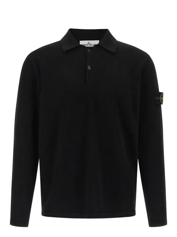 Stone Island Cotton Ribbed-collar Polo Shirt With Two-button Placket And Contrast Knit Band - Nero