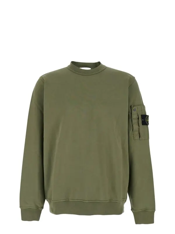 Stone Island Cotton Ribbed Knit Crewneck Sweatshirt With Sleeve Pocket - Verde