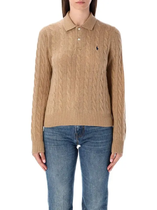 Polo Ralph Lauren Cable-knit Wool & Cashmere Polo Sweater With Pony Embroidery - Marrone