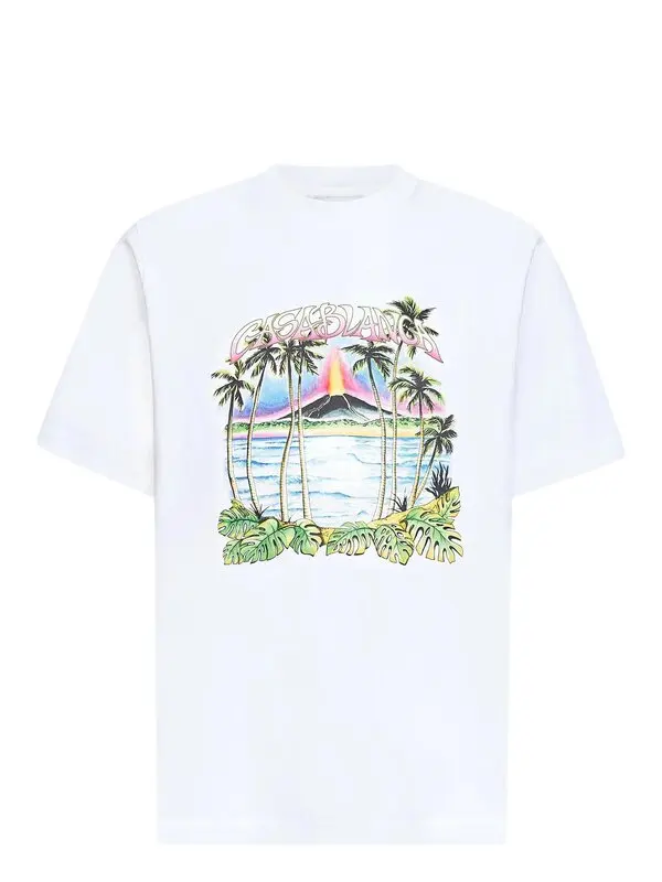 Casablanca Ribbed Crew Neck Volcano Print Logo T-shirt - Bianco