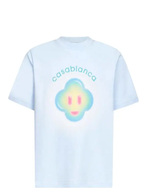 Casablanca Ribbed Crew Neck Short Sleeve Airbrush Smiley Logo T-shirt - Azzurro