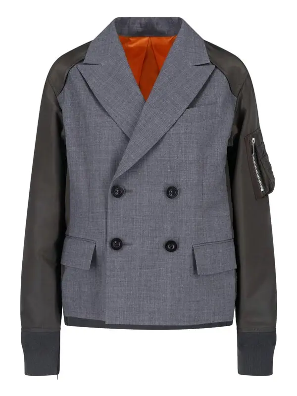 Sacai Hybrid Double-breasted Blazer With Contrasting Sleeves - Grey