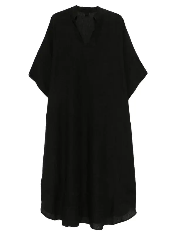 120% Lino 100% Linen V-neck Kaftan Dress With Side Slits - Nero
