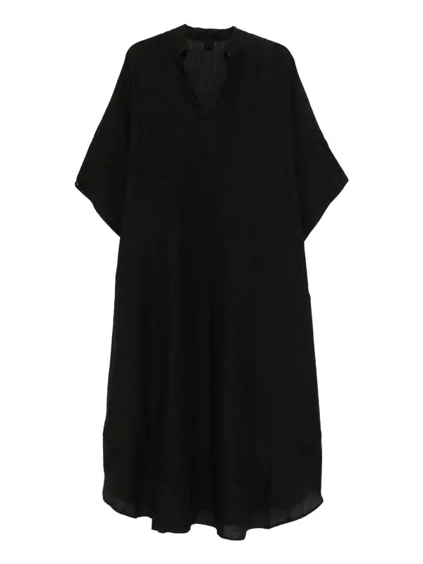 120% Lino 100% Linen V-neck Kaftan Dress With Side Slits - Nero