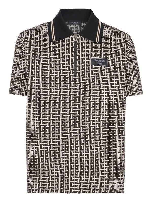 Balmain Contrasting Polo Collar Striped Zip-front T-shirt With Silver Slider - Nero